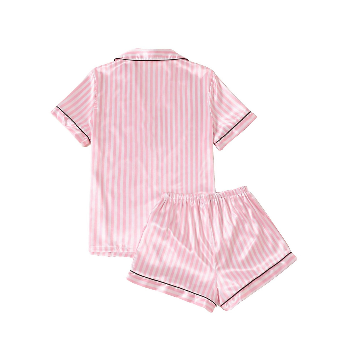 LYANER Women's Striped Silky Satin Pajamas Short Sleeve Top with Shorts Sleepwear PJ Set Pink Medium