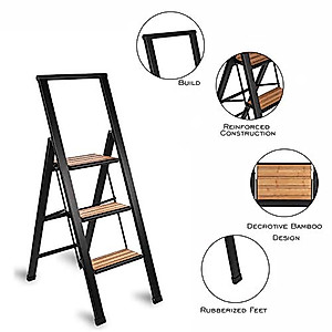 Step Ladder 3 Step Folding, Decorative - Beautiful Bamboo & Black Aluminum, Ultra Slim Profile, Anti Slip Steps, Sturdy-Portable for Home, Office, Kitchen, Photography Use,by SORFEY