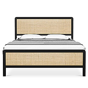 IDEALHOUSE Queen Size Bed Frame with Rattan Headboard and Footboard, Platform Bed Frame with Safe Rounded Corners, Strong Metal Slats Support, Mattress Foundation, Noise-Free, No Box Spring Needed