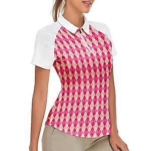 Women's Plaid Golf Polo Shirts Short Sleeve Moisture Wicking Golf Apparel Lady Argyle Golf Tops (Pink Argyle, Large)