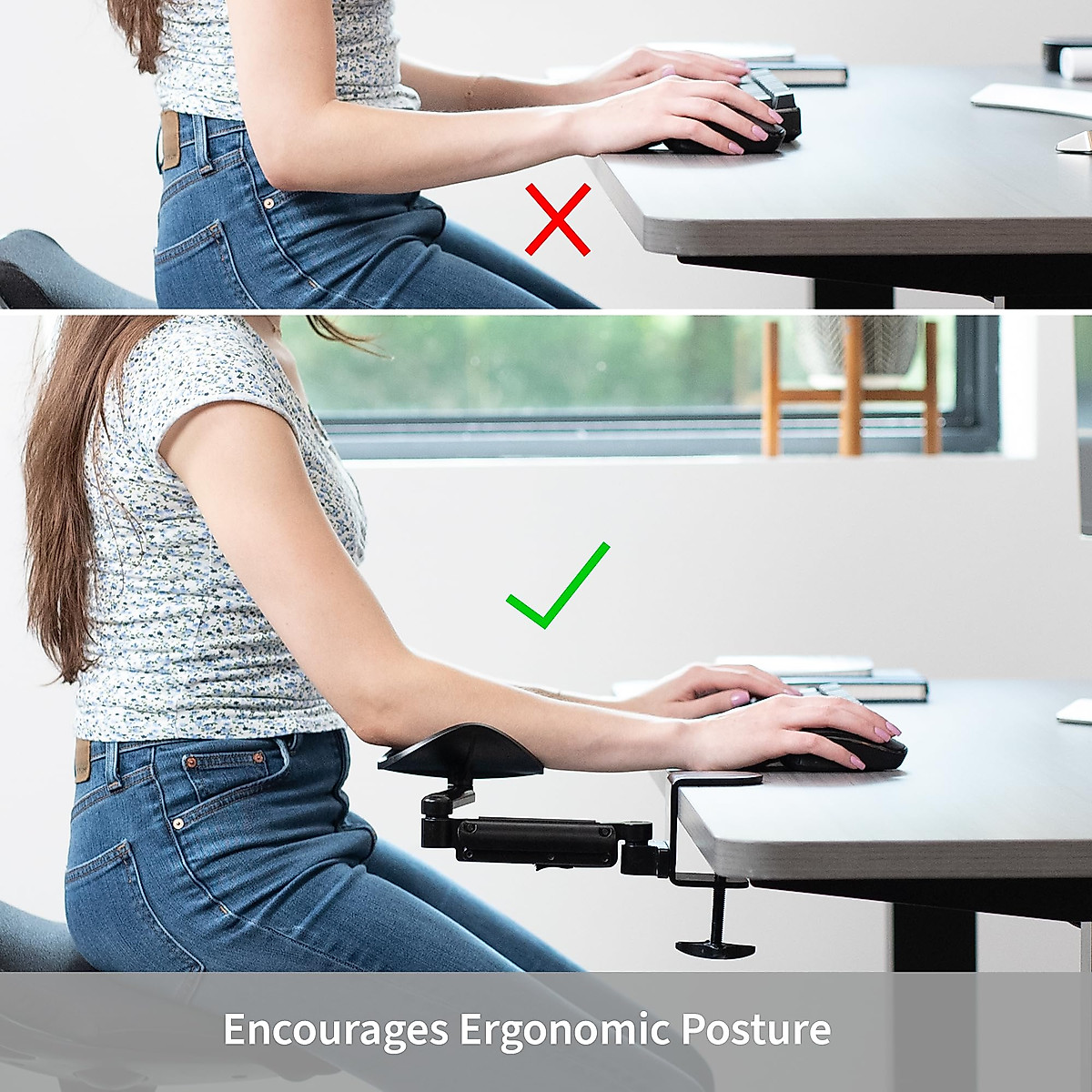 VIVO Universal Clamp-on Adjustable Armrest, Desk Cradle Rotating Elbow Cushion, Above Table Extension Platform Arm Support, Black, MOUNT-ARM01