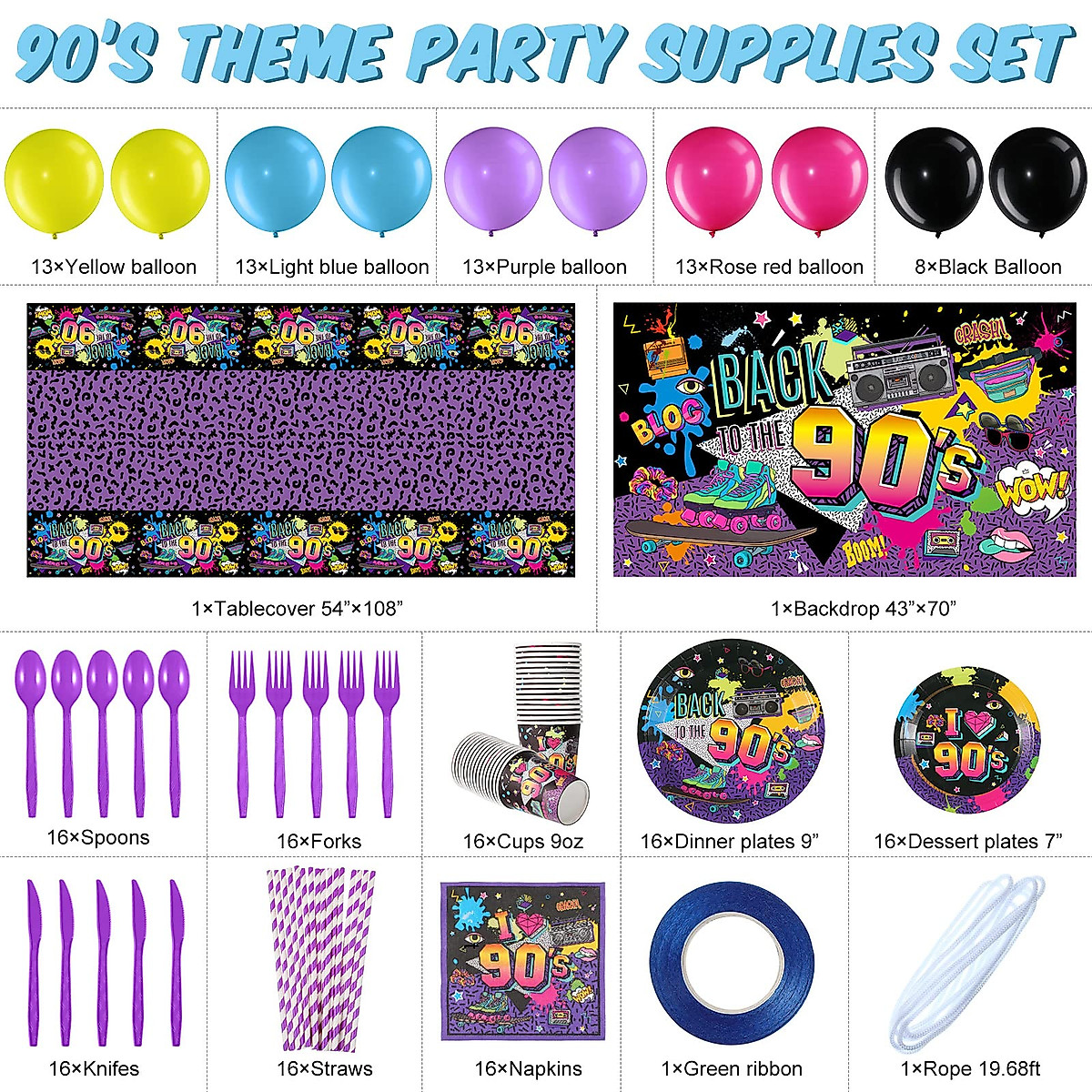 90s Party Decorations 90s Theme Backdrop Latex Balloons Back to The 90's Tablecloth Party Tableware Set 90's Paper Plates Napkins Knife Forks Flatware for Birthday Hip Hop Graffiti Supplies