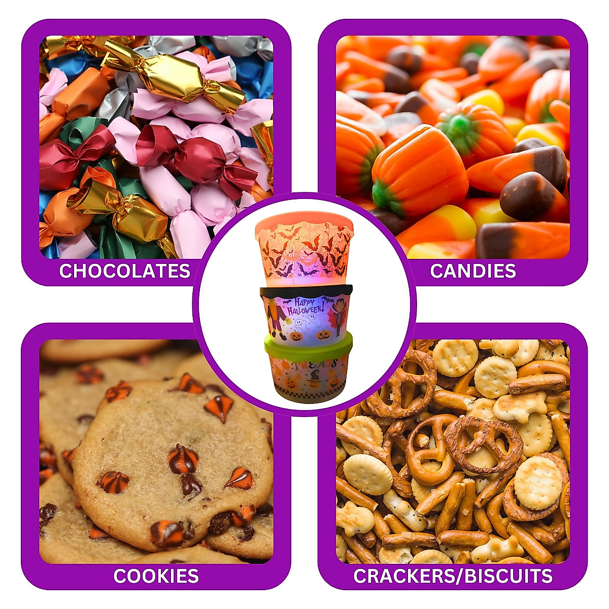 Halloween Plastic Containers with Lids, Food Storage Candy Box for Trick or Treating Cookies Jar Goodies Bucket Snack Party Favor Decor Pumpkin Bat & Ghost Themed, Pack of 3(Black Orange Green)