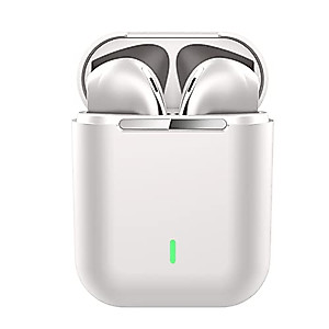 One-Touch On/Off Bluetooth 5.0 Stereo Earbuds 4 Hours Talking or Playtime Deep Bass Crystal-Clear Calls Headset with Charging Case for iPhone & Android Phone, White, J18