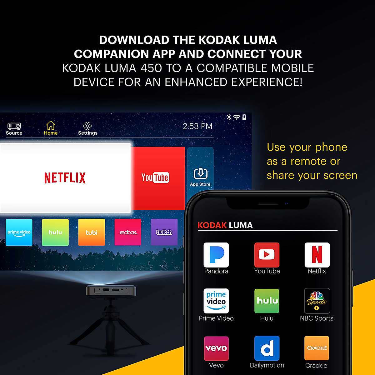 KODAK Luma 450 Portable Full HD Smart Projector | Wi-Fi, Bluetooth, HDMI & USB Compatible Mini Home Theater System Up to 150” | 1080p Native Resolution (4K), 200 Lumens | Tripod Included