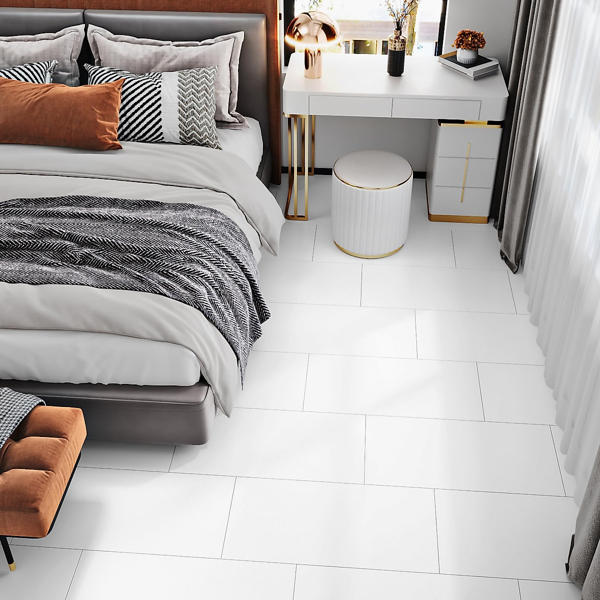 STICKEEP White Peel and Stick Floor Tile Waterproof 12&quot;x24&quot; Sheet Vinyl Flooring Peel and Stick Bathroom Floor Tile Stickers Linoleum Flooring Self Adhesive Floor Tiles Vinyl for Bedroom Kitchen 4 PCS