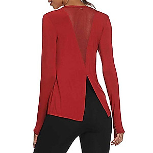 Mippo Long Sleeve Wokout Shirts for Women Yoga Tops Tie Back Tank Tops Thumb Hole Shirts Backless Tops Gym Sweater Workout Clothes Sports Active Exercise Wear for Women 2022 Red L