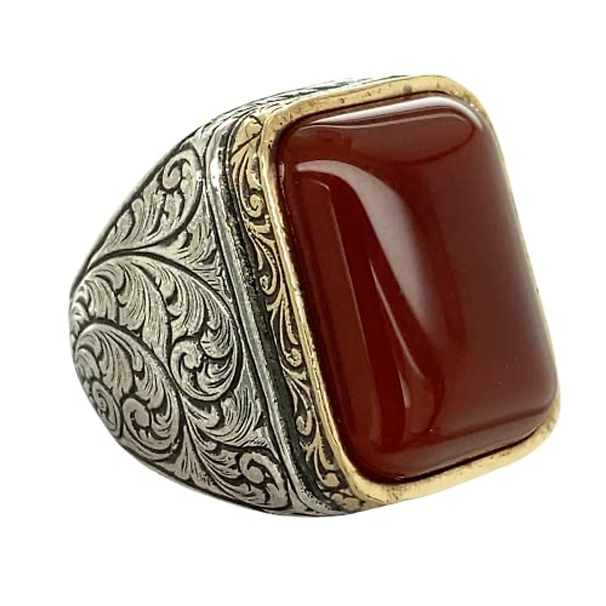 Men Handmade Ring, Red Agate Ring, Dark Aqeeq Gemstone Ring, Ottoman Style Ring, 925k Sterling Silver, Gift For Him