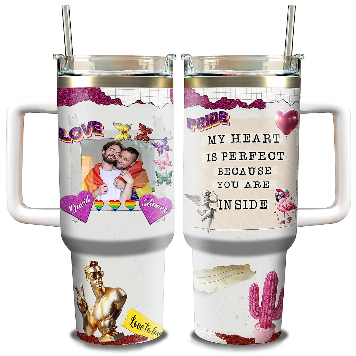 WAZONE Personalized Photo Lgbt Rainbow Insulated Tumbler Stainless Steel Tumblers with Lid 40oz Cups Custom Pictures Names Birthday Christmas Gifts For Couple on Birthday Pride Month