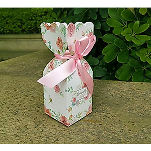 Lontenrea 50 Pcs Floral Pattern Candy Boxes Wedding Birthday Party Favor Gift Box with 50pcs Light Pink Ribbon