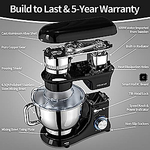 All-Metal COOKLEE Stand Mixer,6.5Qt Kitchen Electric Mixer with Dishwasher-Safe Dough Hooks, Flat Beaters, Whisk & Pouring Shield Attachments for Most Home Cooks, Bright Black