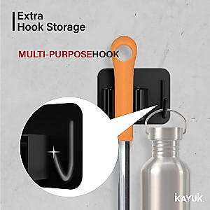 Mop Broom Holder Wall Mounted Heavy Duty No Drill, Adhesive Mop 304 Stainless Steel Mop Hanger Wall Mount Stick on w Hooks for Bathroom Kitchen Closet Garage Garden Organizer with 6 Hooks (Black)