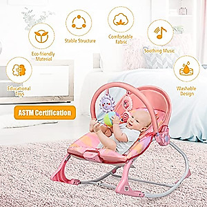 HONEY JOY Baby Rocker Chair, Newborn Bouncer Chair w/ Toy-Bar & Sound, Infant to Toddler Stationary Seating w/Fold-Out Kickstand, Vibration Calming & 3 Recline Positions, Bouncy Seat for Babies (Pink)
