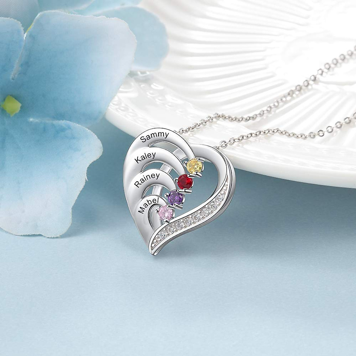 GLAMCARAT Personalized mothers necklace with birthstones names sterling silver jewelry for women customized engraved necklace (4 stones & names)