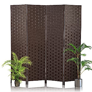 Room Divider, 6FT Wall Divider Wood Screen 4 Panels Wood Mesh Hand-Woven Design Room Screen Divider Indoor Folding Portable Partition Screen,Brown