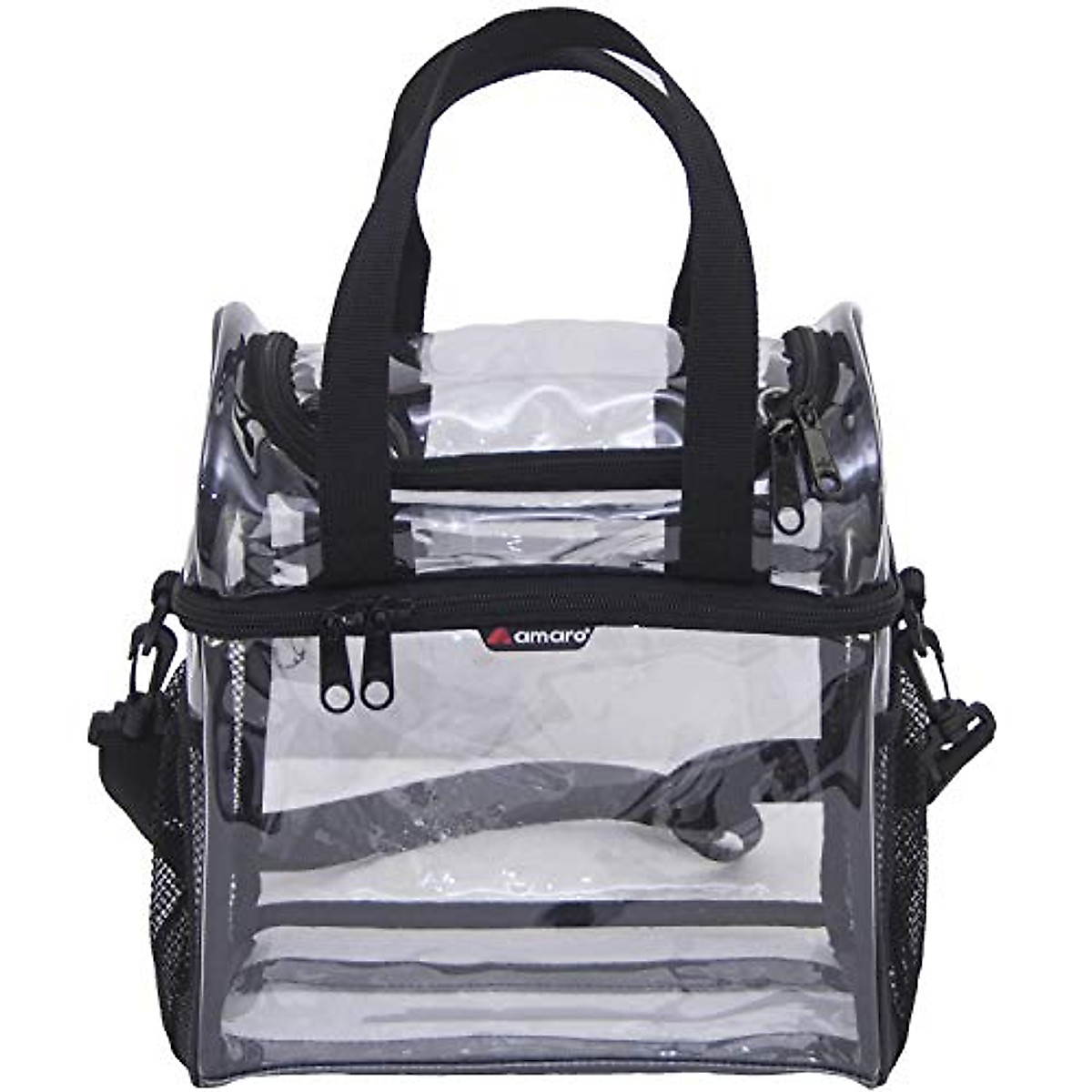 Amaro Premium 0.55mm Clear Dual Compartments Lunch Bag - Transparent Reusable Lunch Box for Adults - Ideal for Workplaces - Adjustable Shoulder Strap - Large Side Mesh Pockets