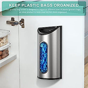Plastic Bag Holder, Grocery Bag Holder and Dispenser for Plastic Bags,Wall Mount Bag Saver,Kitchen Trash Bag Organizer,Fingerprint Resistant,Brushed Stainless Steel,Matte Silver