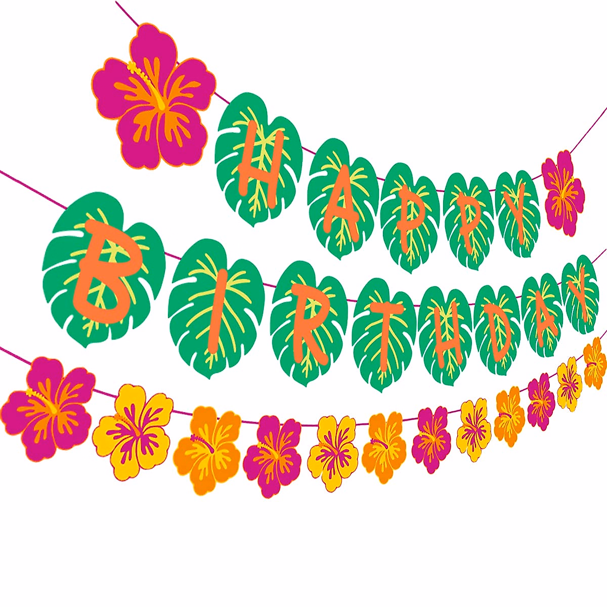 Hawaiian Party Happy Birthday Banner for Tropical Luau Party Palm Leaf Decorations