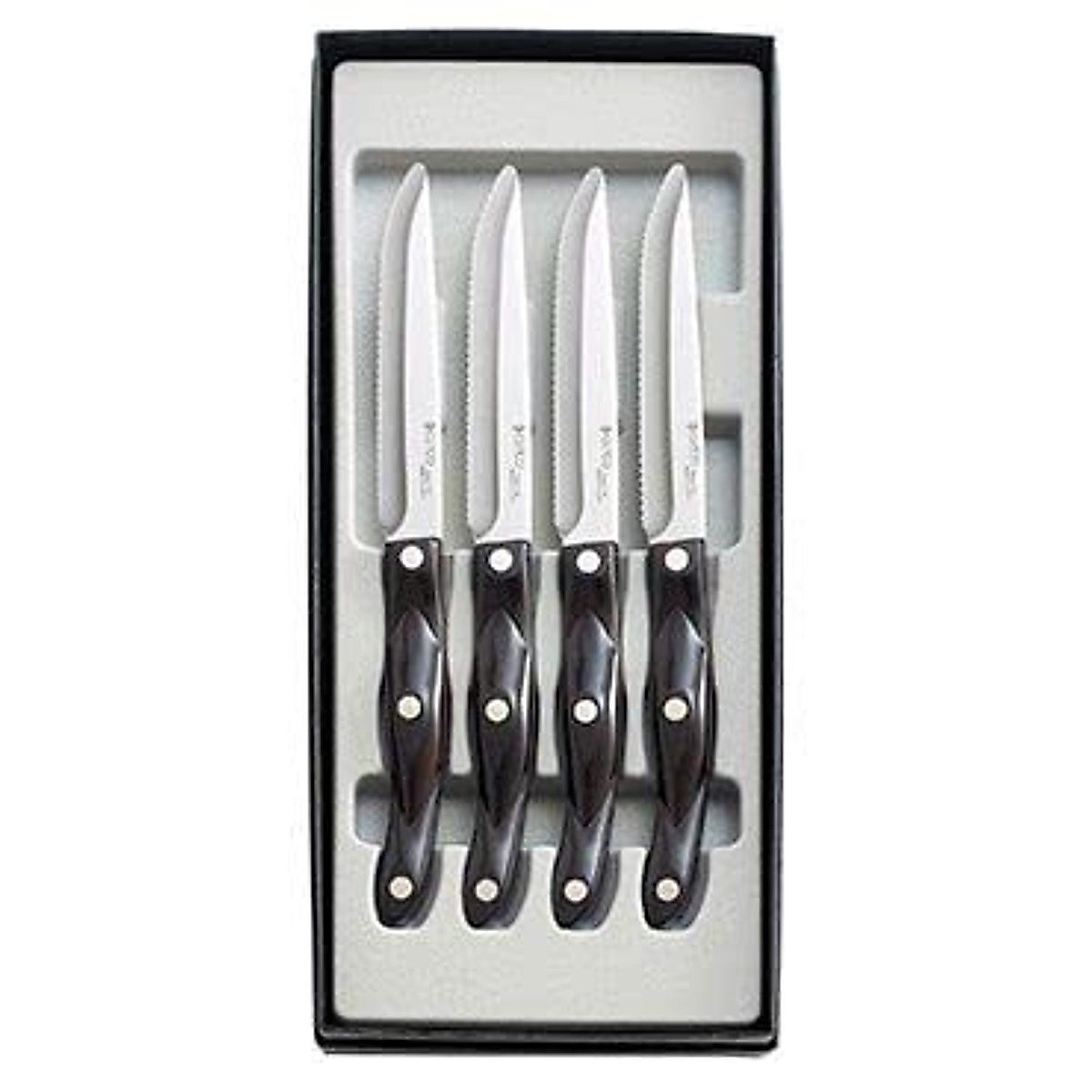 CUTCO #2065 set of 4 Model 2159 Steak Knives with Classic Dark Brown handles (often called "Black")..............each in a factory-sealed plastic bag inside attractive black CUTCO gift box..............Double-D® serrated 440A High-Carbon, Stainless Steel