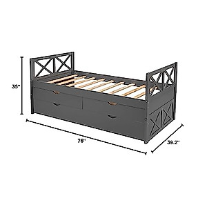 GLORHOME Twin Platform Bed,Multifunctional Wood Storage DayBed Sofa Bed Frame with Trundle and Two Drawers for Living Room Bedroom, Grey