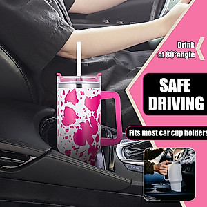 Xereizo 40 oz Tumbler with Handle and Straw, Leak Proof Stainless Steel Insulated Travel Coffee Tumbler Cups Lid and Straw, Iced for 40 Hours Cupholder Friendly Water Bottle Mug, Cow Stripe Rose Red