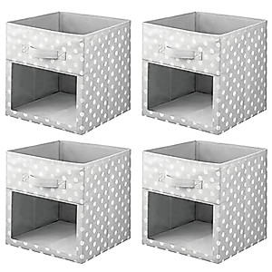 mDesign Fabric Nursery/Playroom Closet Storage Organizer Bin Box, Front Handle/Window for Cube Furniture Shelving Unit, Hold Toys, Clothes, Diapers, Bibs, 4 Pack, Gray/White Polka Dot