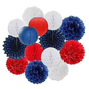 Fourth-4th of July-Imemorial Party-Decorations Lanterns - 14pcs Red White Blue Graduation Paper Streamers Fan,Tissue Pom Poms Streamer,Honeycomb Balls,USA Patriotic America Independence Decor Ouruola