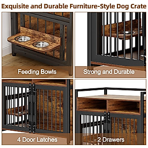 GarveeLife Large Dog Crate Furniture, 41inch Furniture Dog Crate with Drawers Storage, 360°and Adjustable Raised Feeder, Wooden Dog Crate for Large/Medium Dog Indoor Brown 41inch
