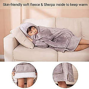 Blanket Hoodie Kids, Oversized Wearable Blanket Sweatshirt with Hood Pocket&Sleeves, Soft Thick Flannel Sherpa Hooded Blanket for Teens Boys Girls