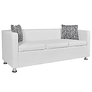 Sofa 3-Seater Artificial Leather White Living Room Home Office Furniture MDF Plywood Modern Chesterfield Upholstered Cushion Pillow, White
