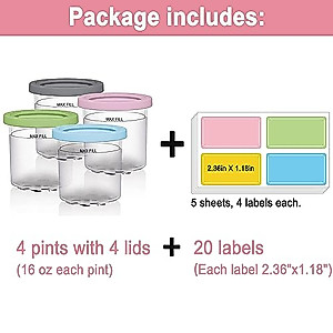 Kubyertos Pints and Lids - 4 Pack Fit for Ninja CREAMi NC299AMZ NC300 NC301 Series Ice Cream Makers, Comes with 20 Label Paper, Dishwasher Safe & BPA-Free, 1 Pint Each, 4 Color Lids Green/Blue/Pink/Grey