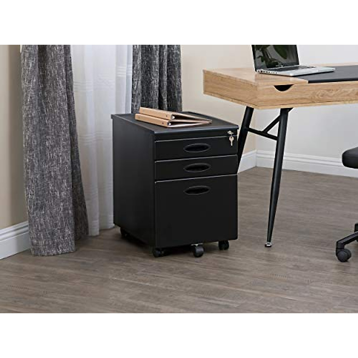 Calico Designs Metal Full Extension, Locking, 3-Drawer Mobile File Cabinet Assembled (Except Casters) for Legal or Letter Files with Supply Organizer Tray in Black