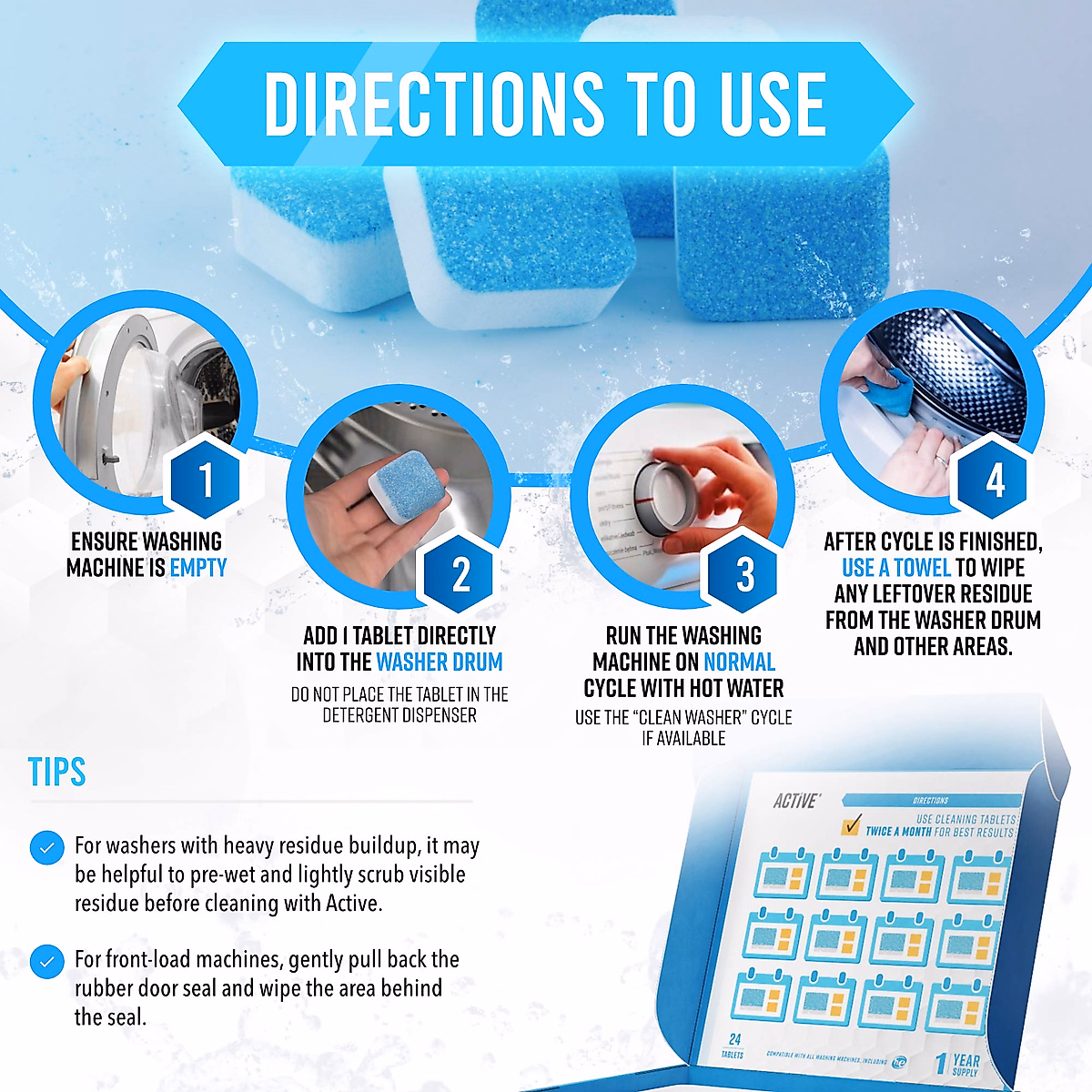 ACTIVE Washing Machine And Dishwasher Cleaning Tablets Bundle - Includes 12 Month Supply Dishwasher Cleaner Deodorizer & Washing Machine Descaler Deep Cleaning Tablets - 48 Tablet Combo