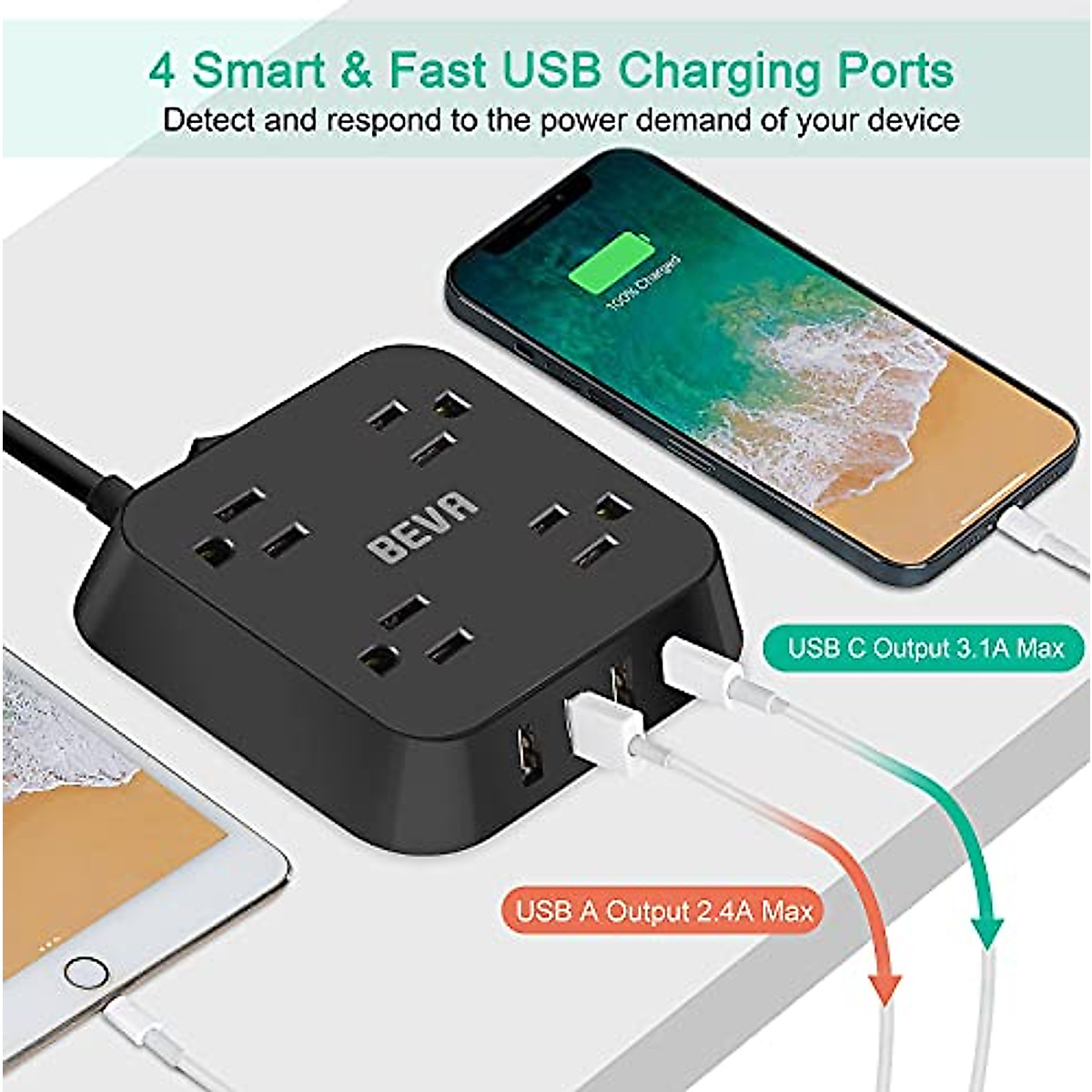 Power Strip with USB C, 4 Widely Spaced Outlets and 4 USB Ports 5 FT Extension Cord, BEVA Surge Protector Power Strip Mountable USB Power Strip 1250W/10A for College Essentials Dorm Room Essentials