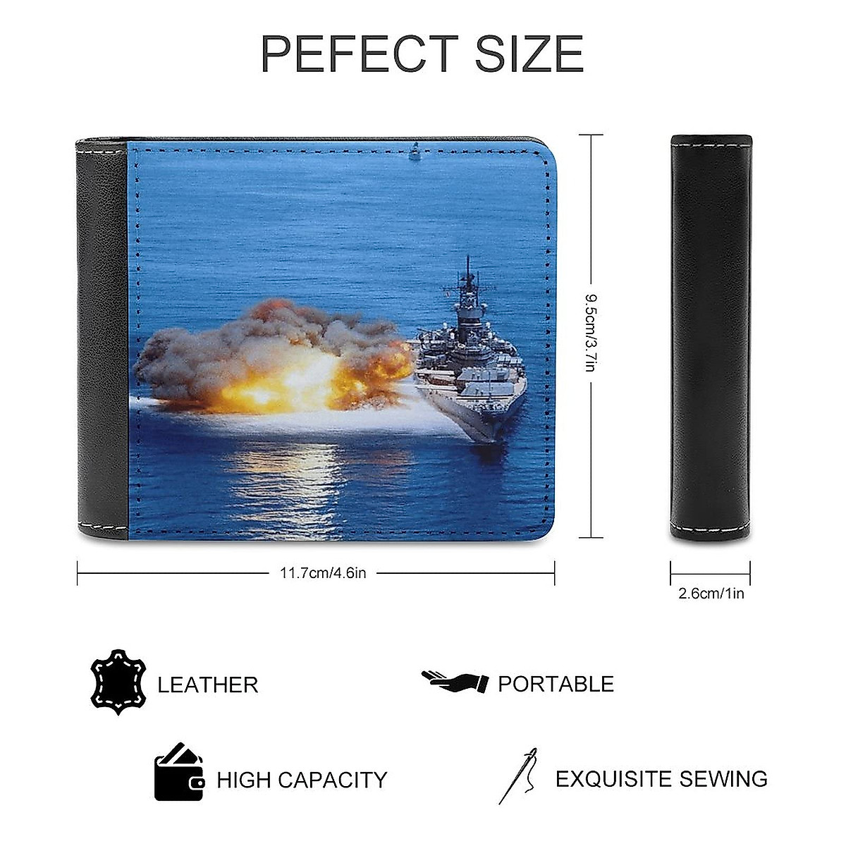 Shooting Battleship Leather bi-fold wallet, fashionable wallet and credit card holder, suitable for adults, children and teenagers