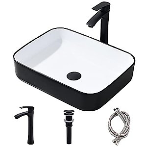 White and Black Bathroom Sink with Faucet and Drain Combo-Bokaiya 16x12 Rectangle Vessel Sink Above Counter Porcelain Ceramic Bathroom Sink Art Basin, Faucet and Pop Up Drain Combo