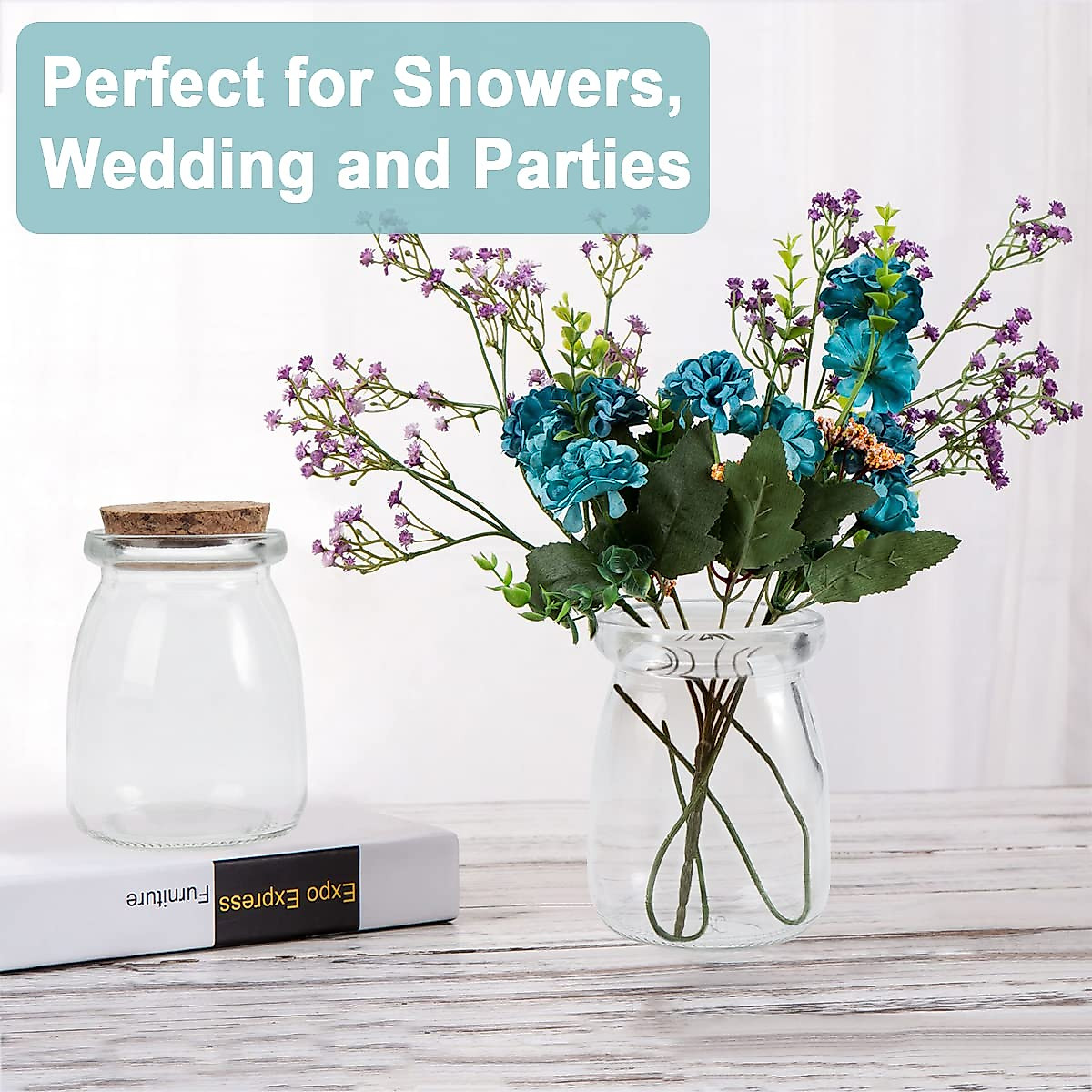 TAOUNOA 29 Pcs Small Glass Jars with Cork Lids, 5 oz Yogurt Jars Candle Jars Mini Glass Bottles Wedding Favor Jars Little Pudding Jars with String