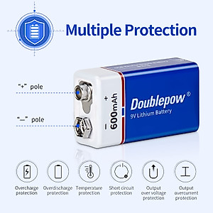Doublepow 9V Lithium Battery,9V Rechargeable Batteries,9v Battery for Smoke Detector,9V Batteries,600mAh Capacity,Fast Charging(2 Pack)