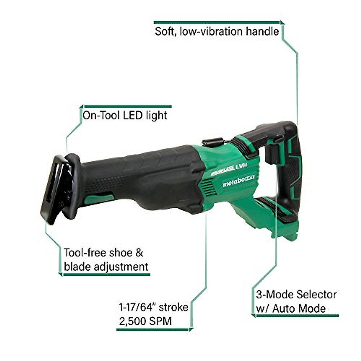 Metabo HPT Cordless Reciprocating Saw | Tool Only | No Battery | 3-Mode Selector W/Auto Mode | Tool-Less Blade Changing System | Large Rafter Hook | Lifetime Tool Warranty | Brushless | CR18DBLQ4