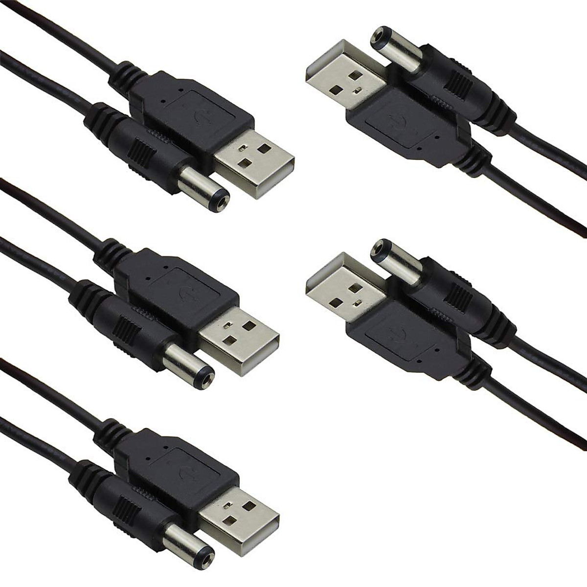 HiLetgo 5pcs USB 2.0 A Male to DC 5.5x2.1mm 5 Volt DC Connector Charge Barrel Jack Power Cable Black(Max 2.5 Ampere Power Cable, Center PIN Positive)
