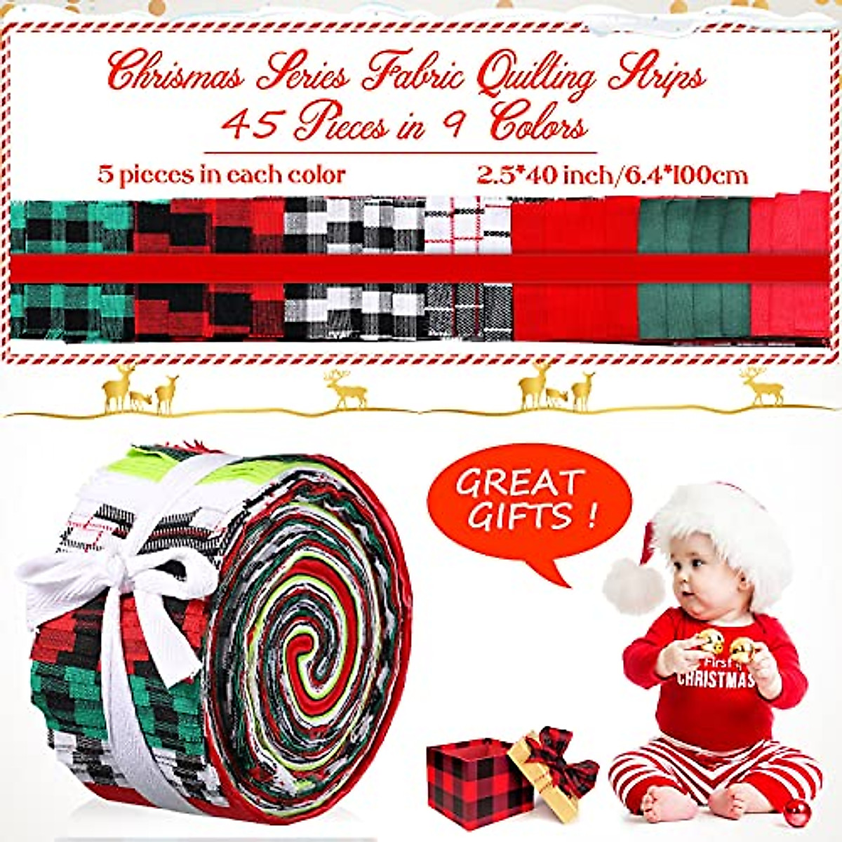 Tatuo 45 Pieces Christmas Jelly Soft Rolls Buffalo Plaid Fabric Strips Rolls Quilting Fabric Roll up Craft Patchwork Strips for Handmade Favors, 2.5 x 40 Inches(Classic Style)