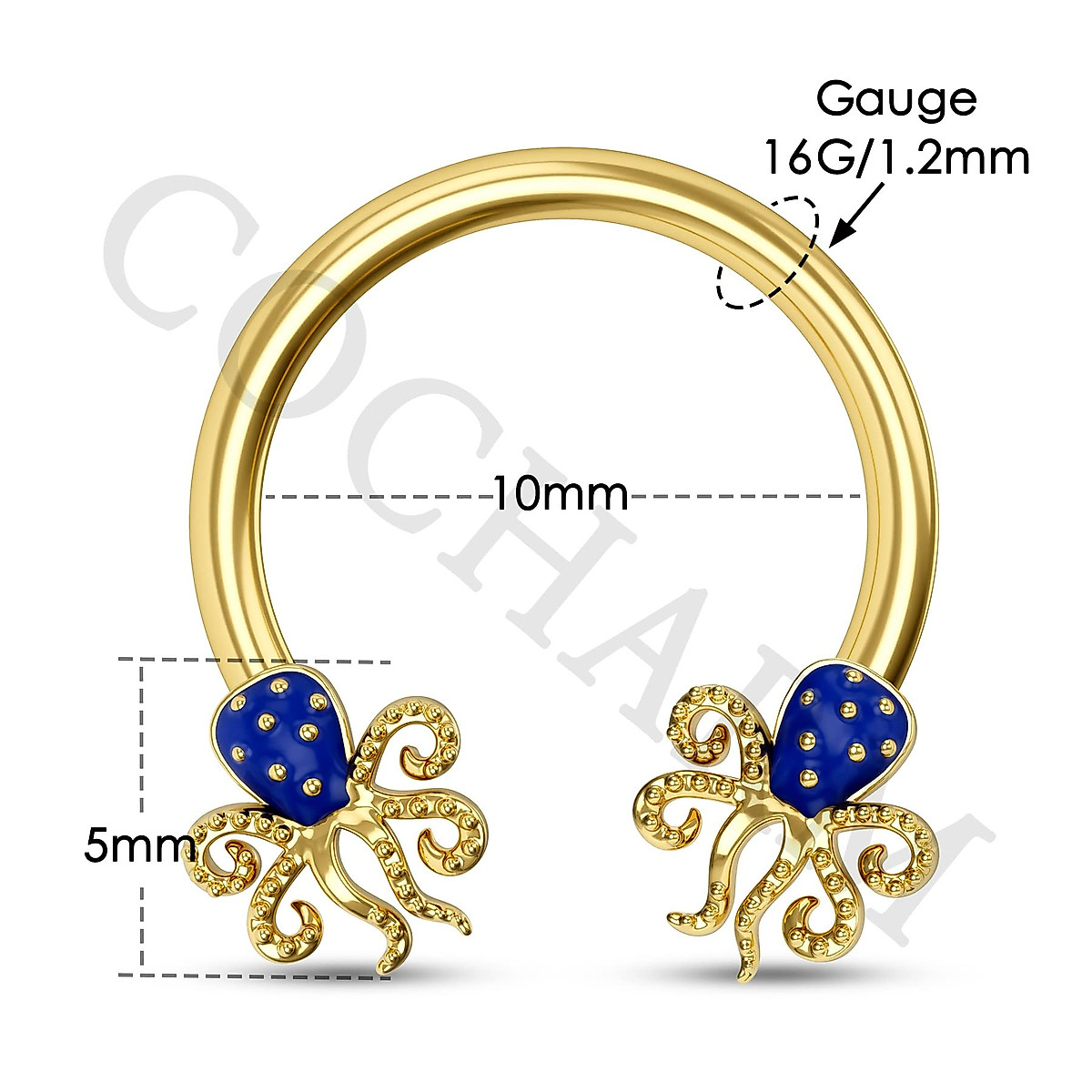 COCHARM Gold Octopus Septum Rings 16g Horseshoe Cartilage Earring for Women 316L Stainless Steel 10mm Daith Piercing Jewelry