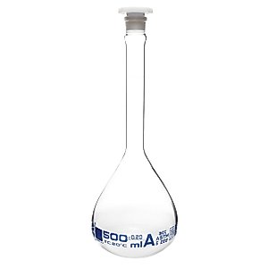 EISCO Volumetric Flask, 500ml - ASTM, Class A - Tolerance ±0.20ml - Interchangeable, Size 19 Polypropylene Stopper - Single, White Graduation - Borosilicate Glass