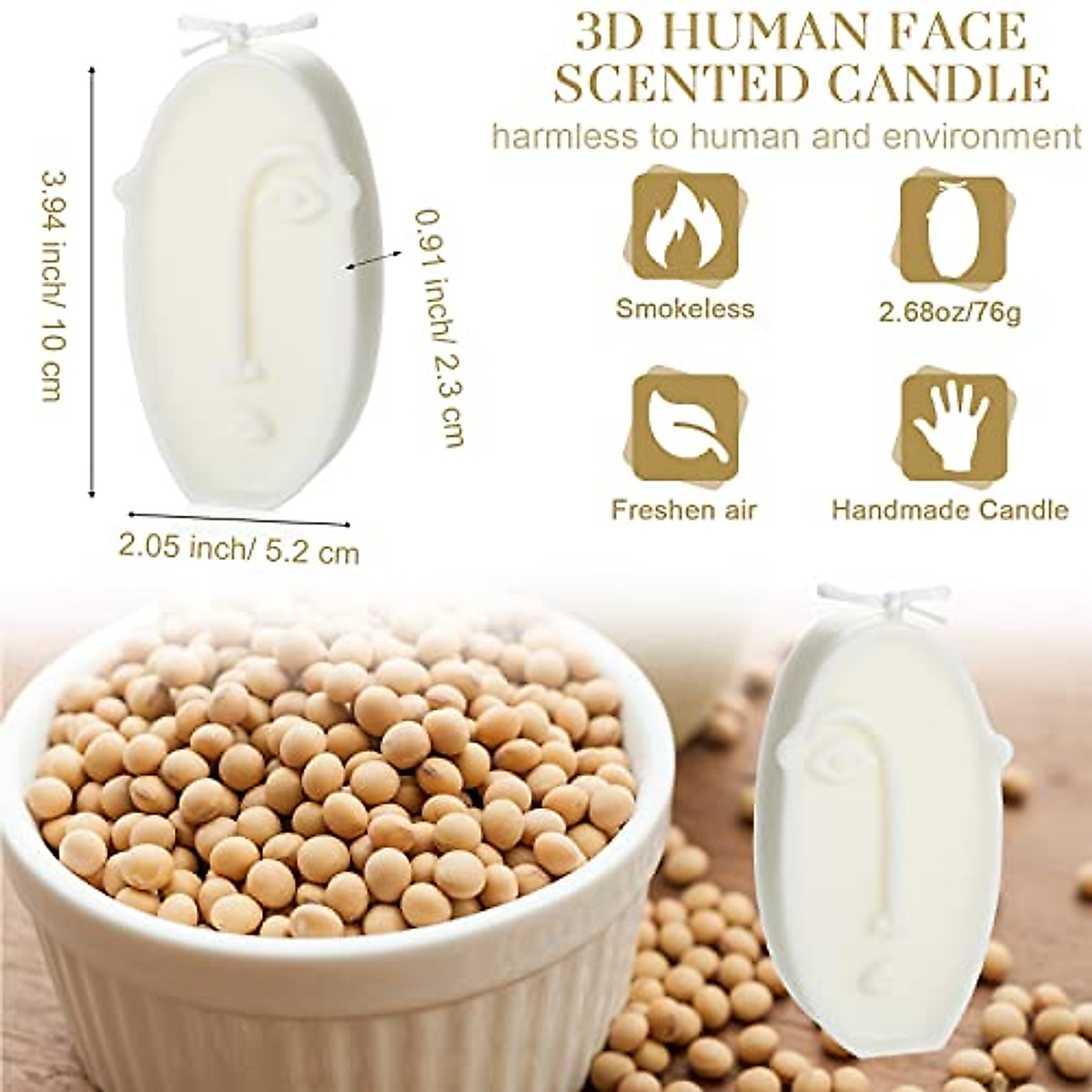 2 Pieces Art 3D Face Candle Human Face Shaped Candle Soy Wax Aesthetic Candle Abstract Scented Candle Poured Decorative Candle for Trendy Aesthetic Room Home Decor, White, 2 Styles