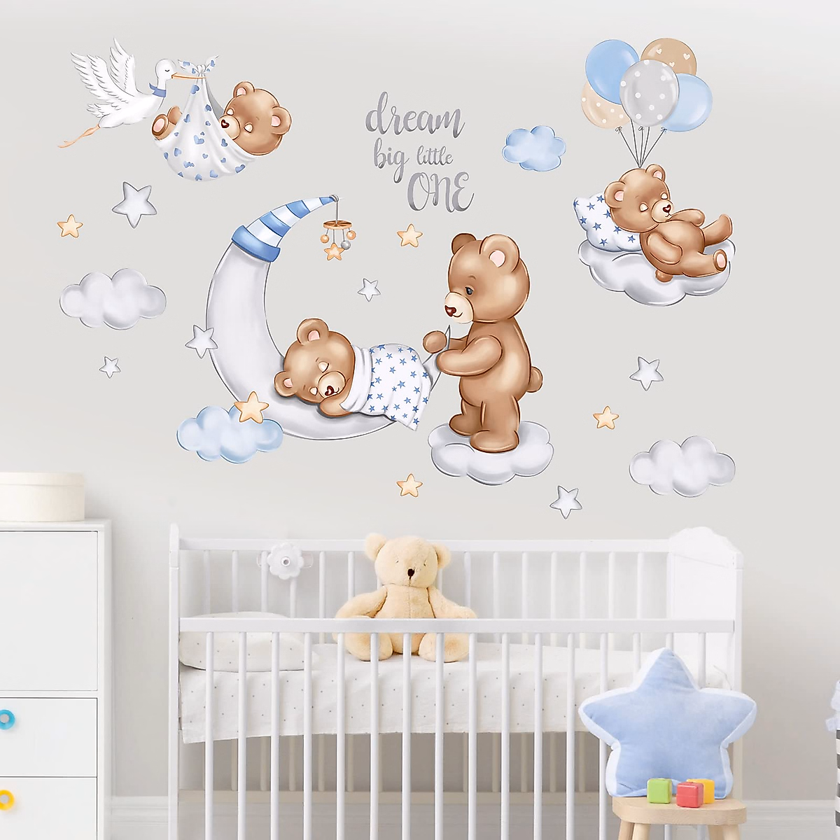 wondever Sleeping Baby Bear Wall Stickers Dream Big Clouds Ballons Peel and Stick Wall Art Decals for Kids Bedroom Baby Nursery