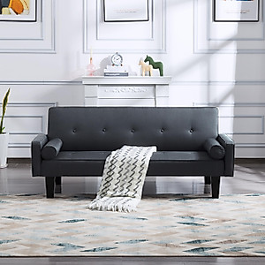 BSHTI Convertible Loveseat Sofa Bed w/Adjusting Backrest,Futon Sleeper Couch with 2 Long Pillows, Removable Square Armrest, for Apartment, Office, Compact Living Room,Dark Gray