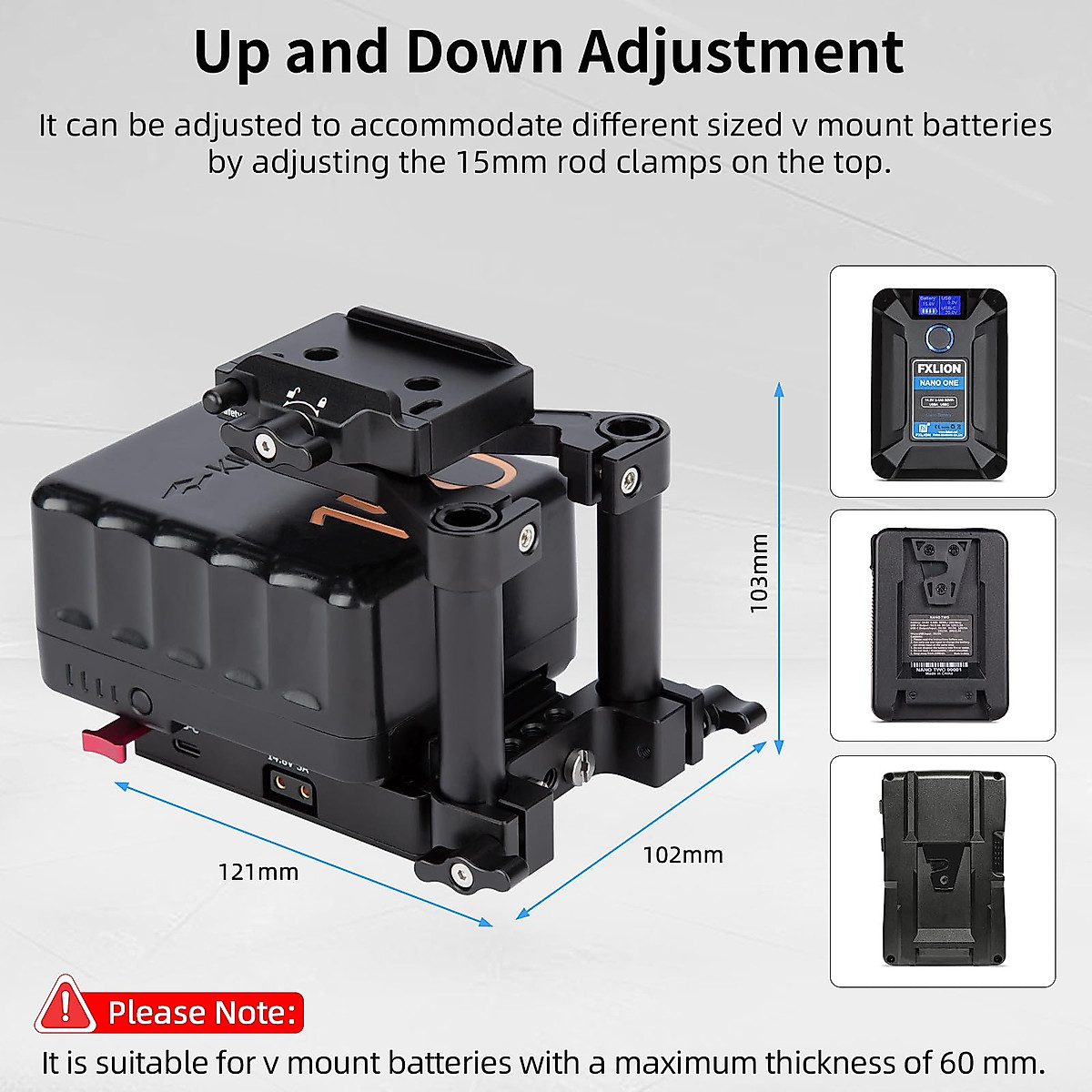 Nitze V Mount Baseplate with V Mount Battery Plate, 15mm Rod Clamp and Arca Swiss Baseplate (8V/3A DC, 14.8V/3A D-tap and PD 3.0 USB-C Output Ports) - N21-D7C
