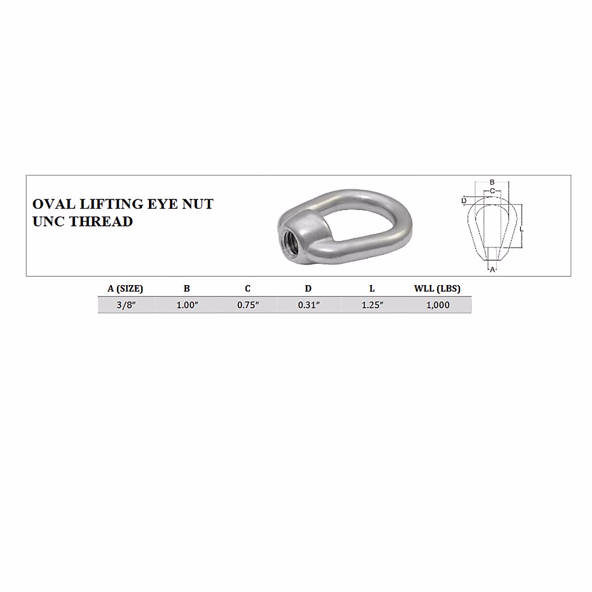 2 Pc Stainless Steel Eye Nut 3/8" UNC Tap SS T304 Thread Boat Marine 1,100 Lbs Cap