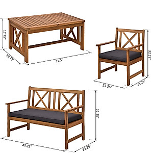 Outsunny 4 Piece Acacia Wood Outdoor Patio Furniture Set with 2 Armchairs, 1 Sofa, & 1 Coffee Table, Cushions Included