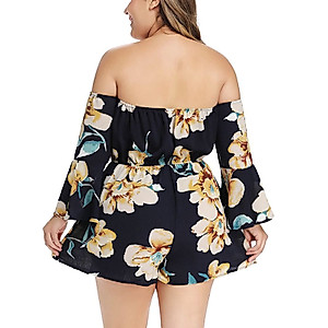 Bravetoshop Women's Plus Size Rompers Boho Off Shoulder Bell Sleeve Summer Floral Print Strapless Shorts Jumpsuit (Black,XXL)